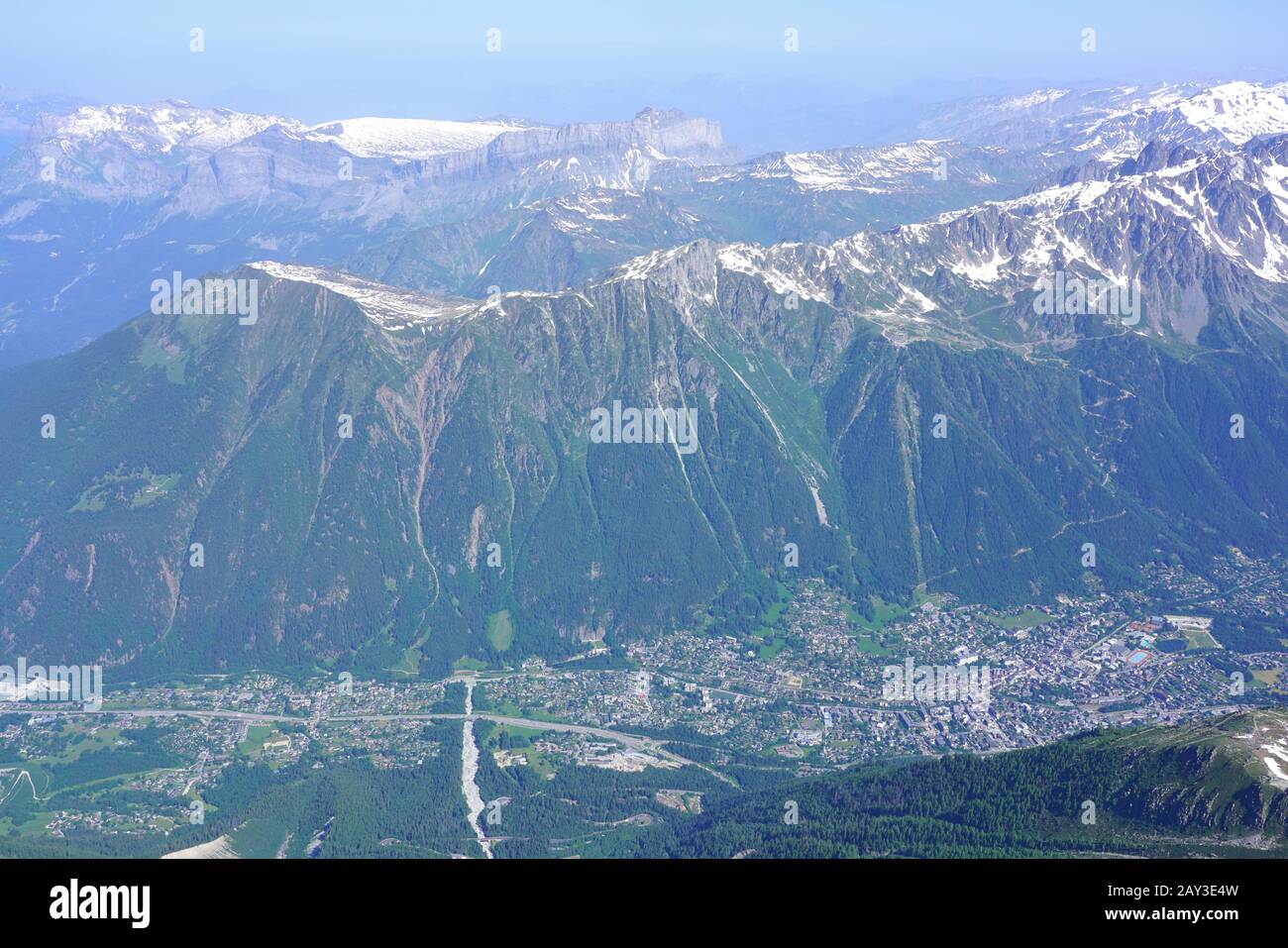 Aerial view of the Chamonix valley in the Massif du Mont Blanc near the ...
