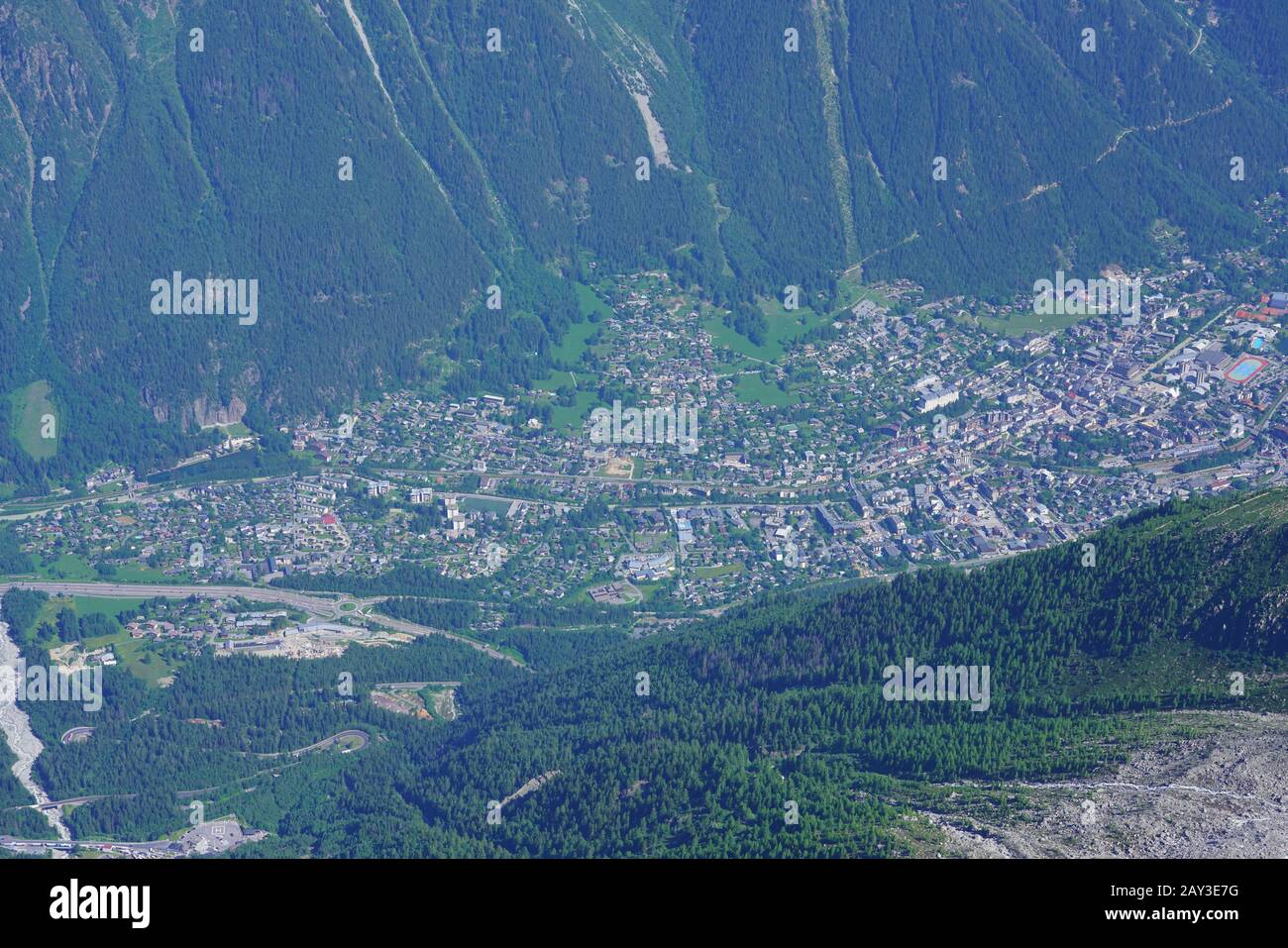 Aerial view of the Chamonix valley in the Massif du Mont Blanc near the ...