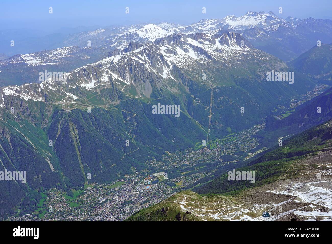 Aerial view of the Chamonix valley in the Massif du Mont Blanc near the ...