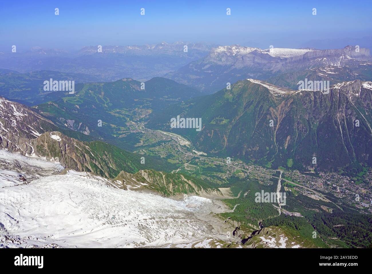 Aerial view of the Chamonix valley in the Massif du Mont Blanc near the ...