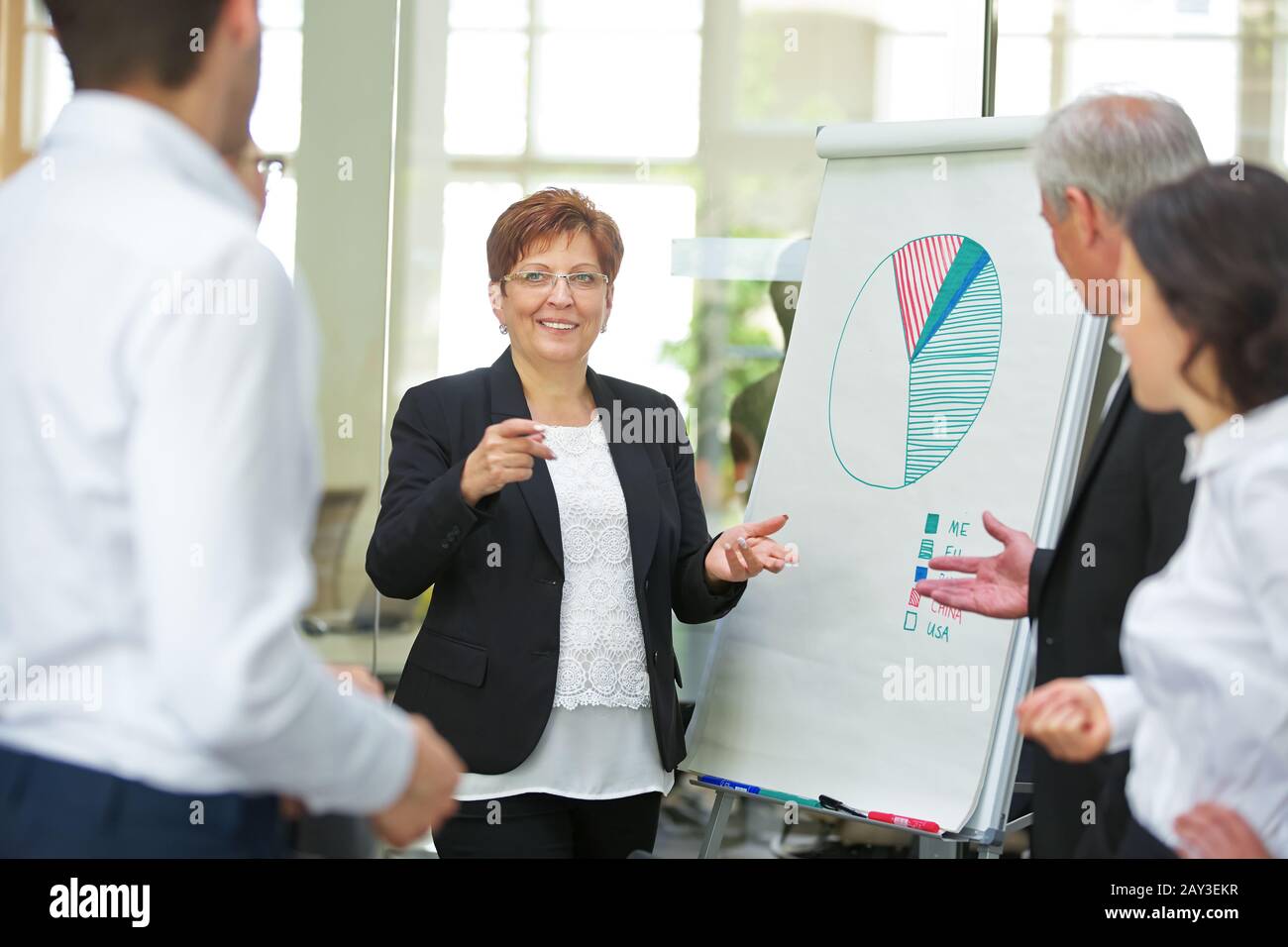 Businesswoman presenting chart on a flipchart at the meeting Stock ...
