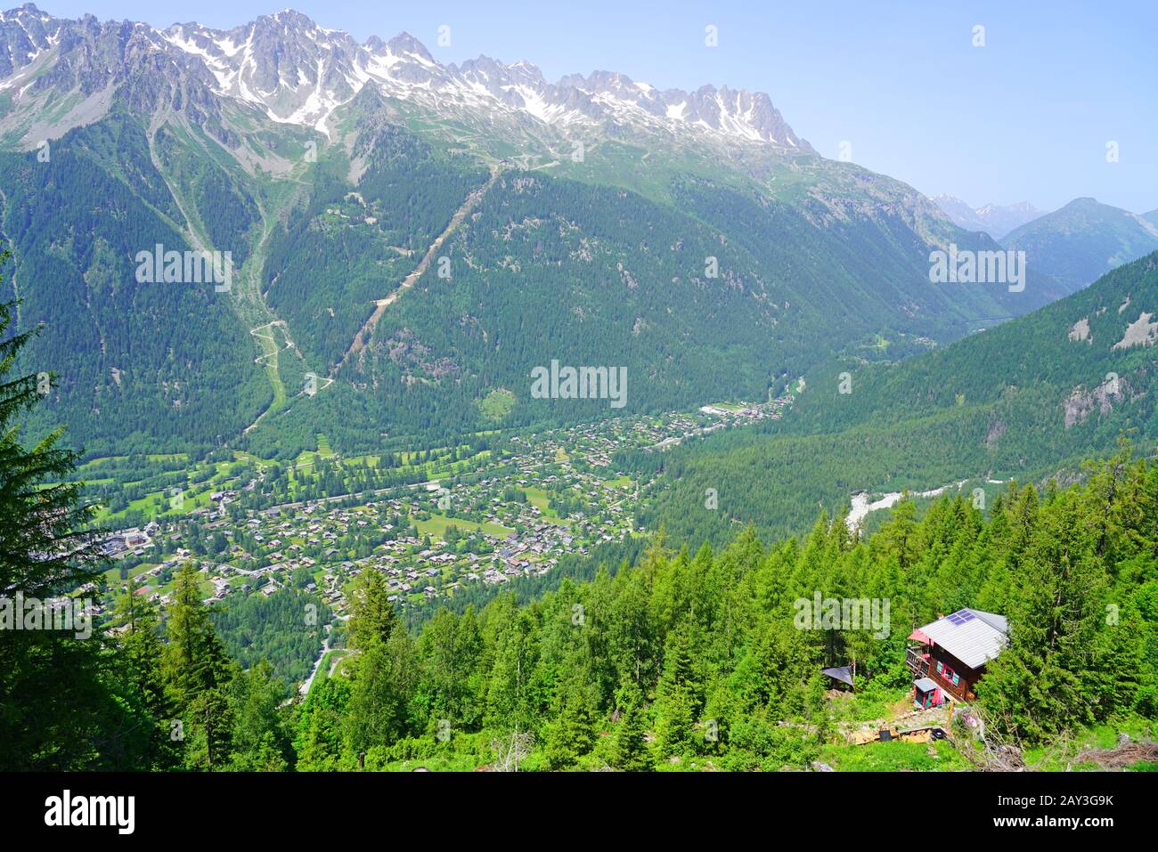 Aerial view of the Chamonix valley in the Massif du Mont Blanc near the ...