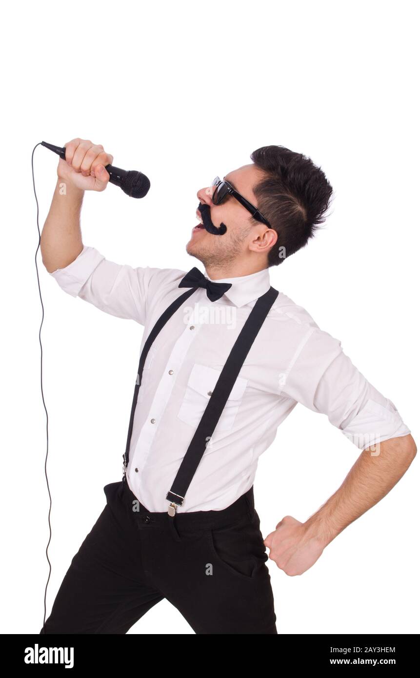 Funny man with mic isolated on white Stock Photo - Alamy