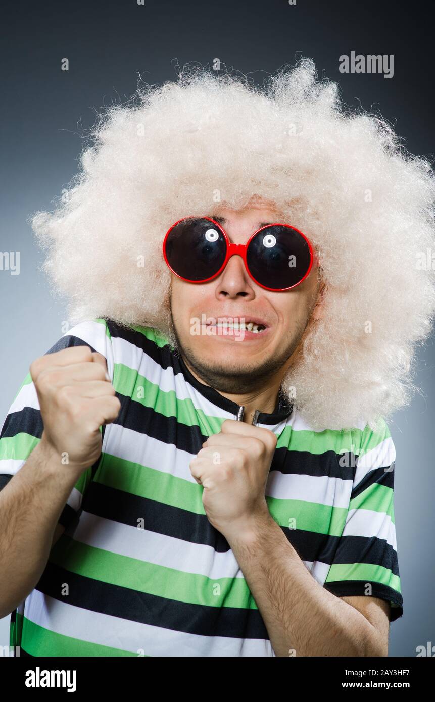 Funny man with afro hairstyle isolated on white Stock Photo - Alamy