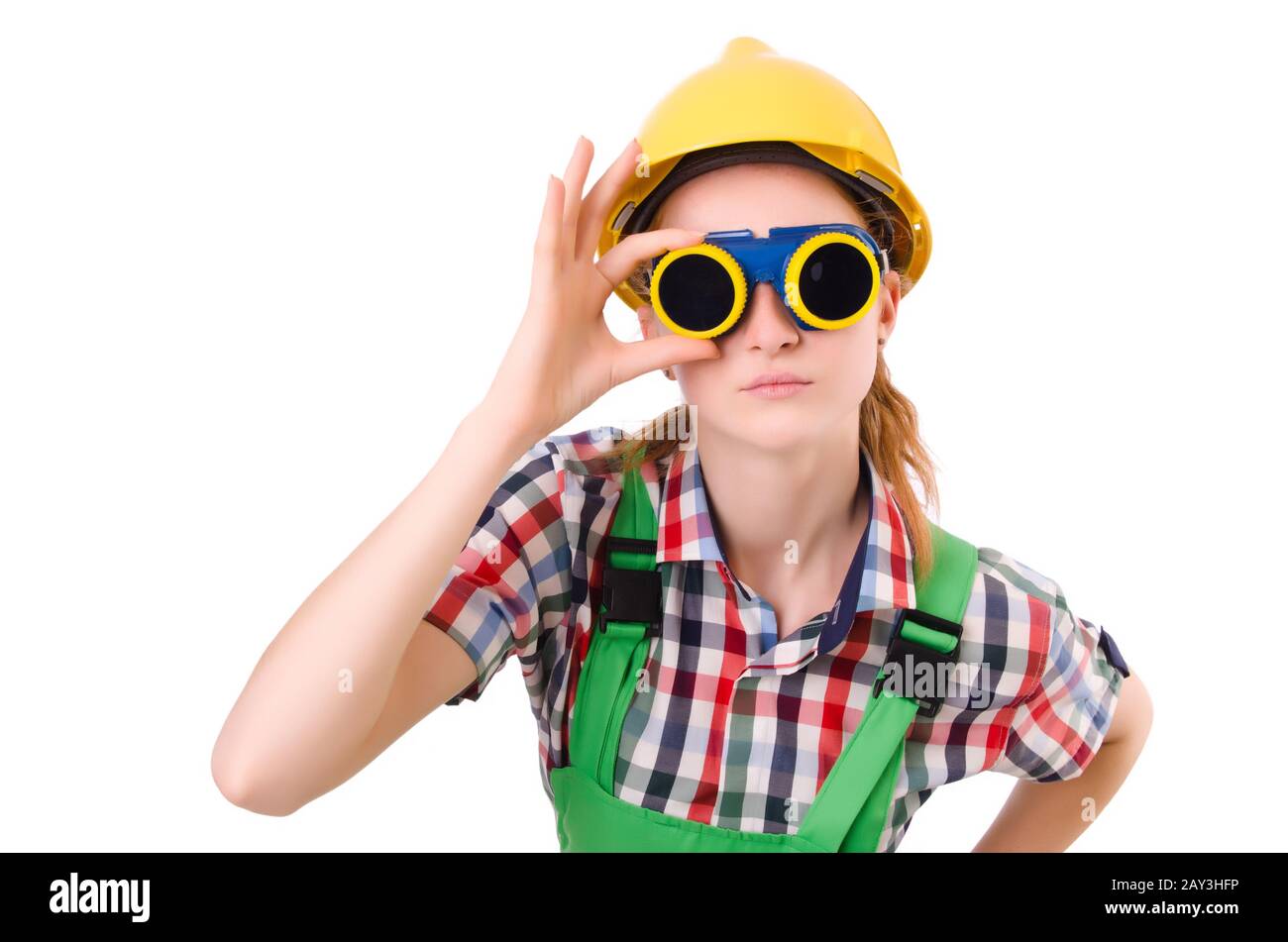 Female handyman in overalls isolated on white Stock Photo - Alamy