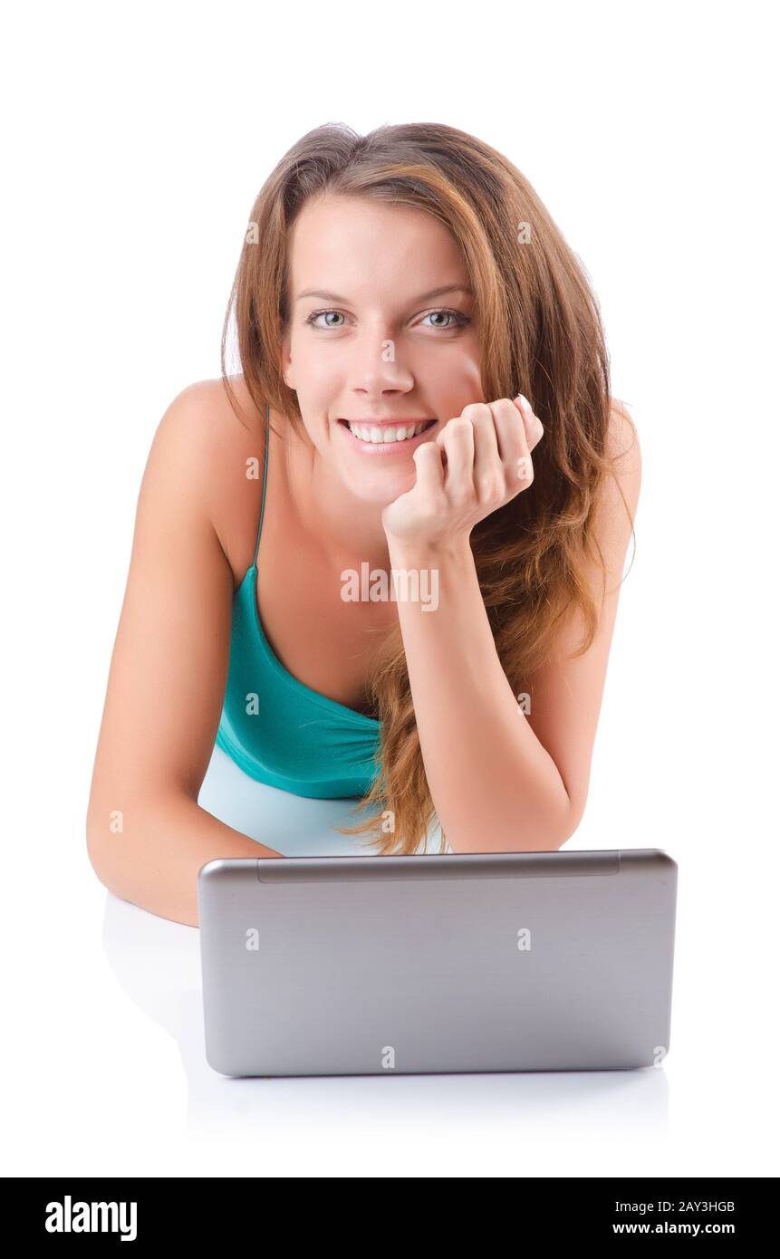 Pretty girl using laptop isolated on white Stock Photo - Alamy