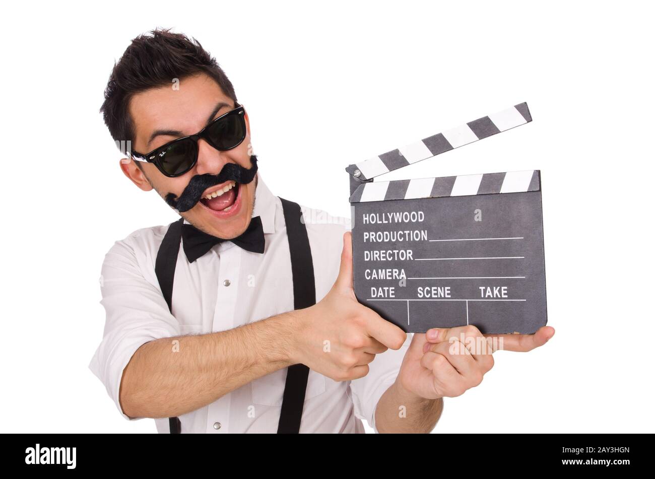 Funny with movie clapper isolated on white Stock Photo - Alamy