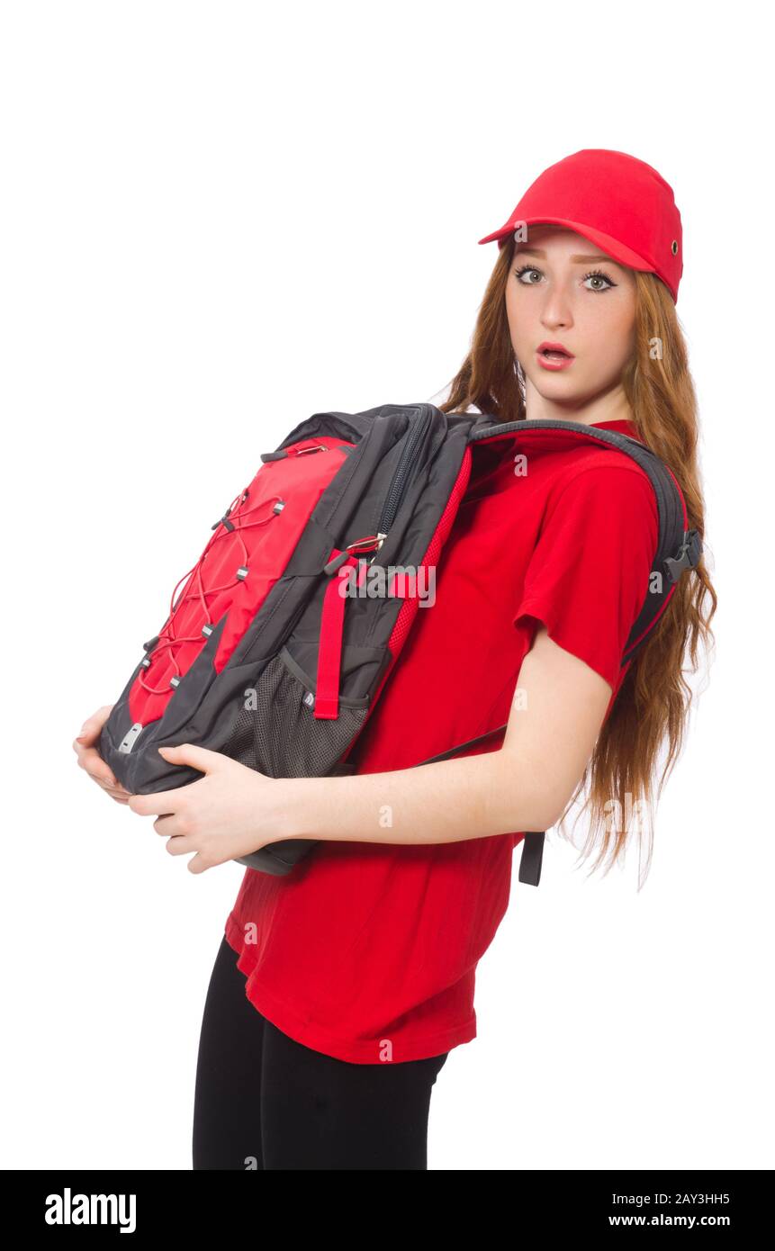 Pretty girl with backpack isolated on white Stock Photo - Alamy