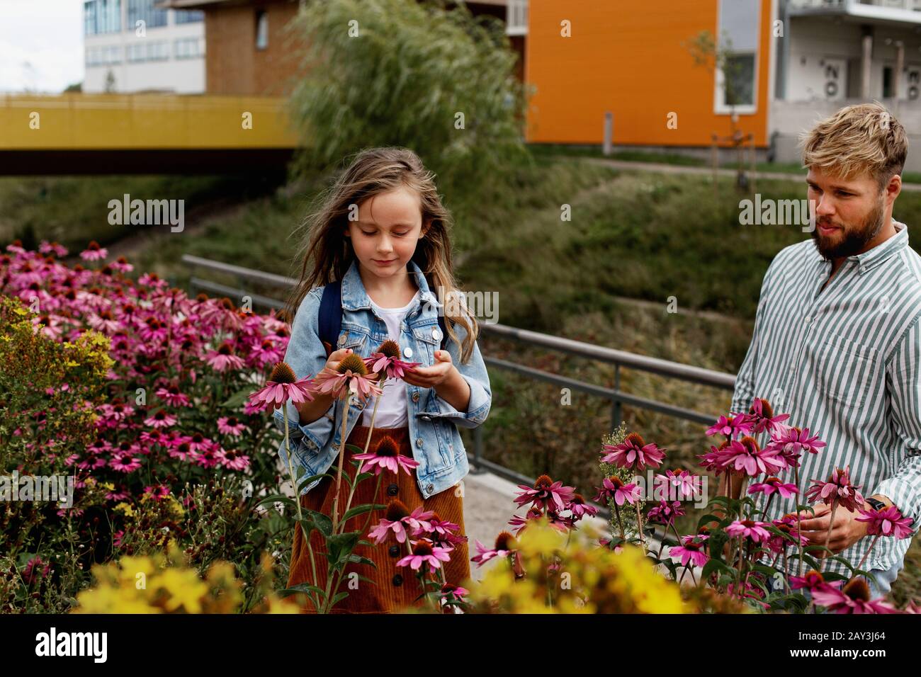 Girl looking at flower Stock Photo - Alamy