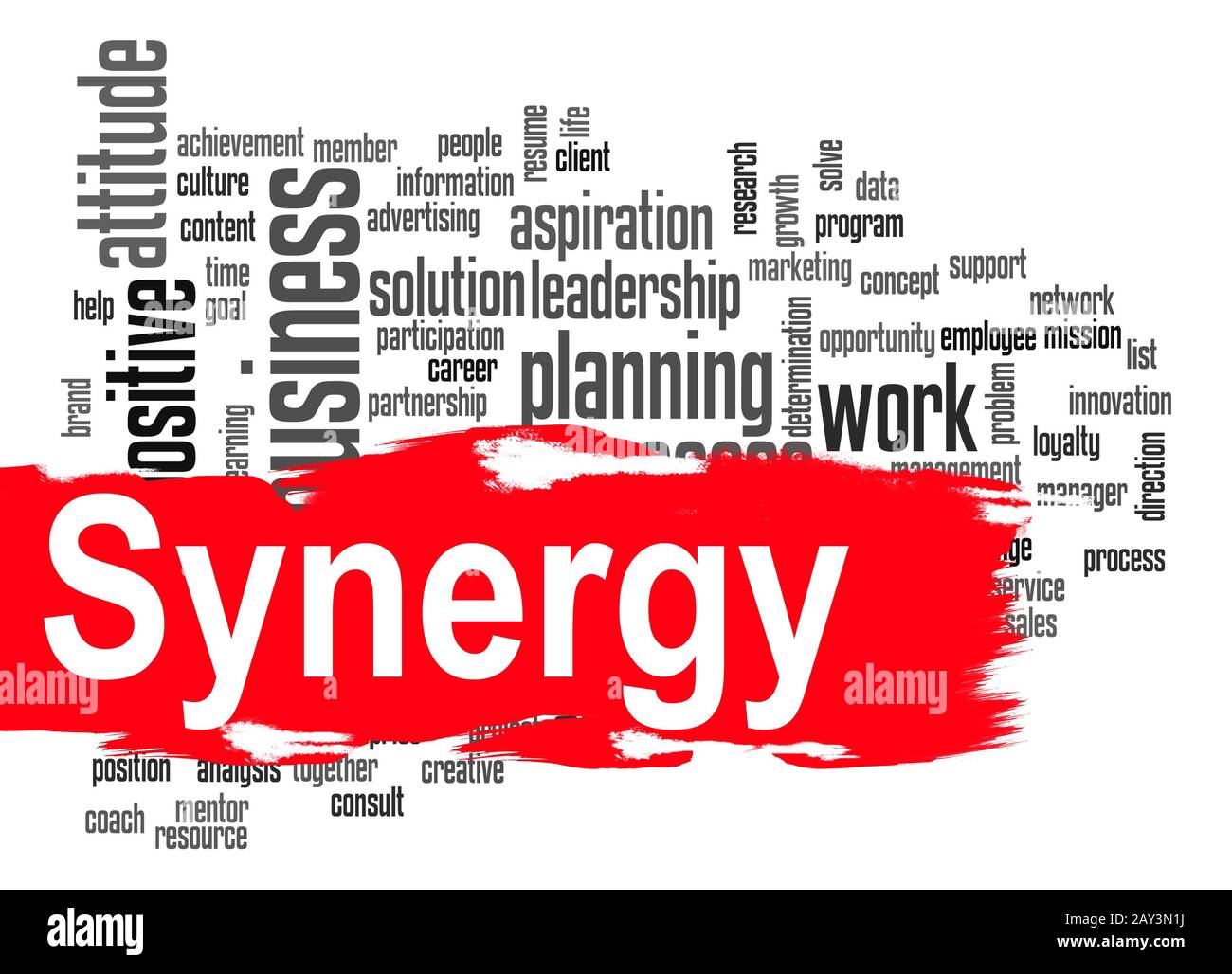 Synergy word cloud with red banner Stock Photo - Alamy