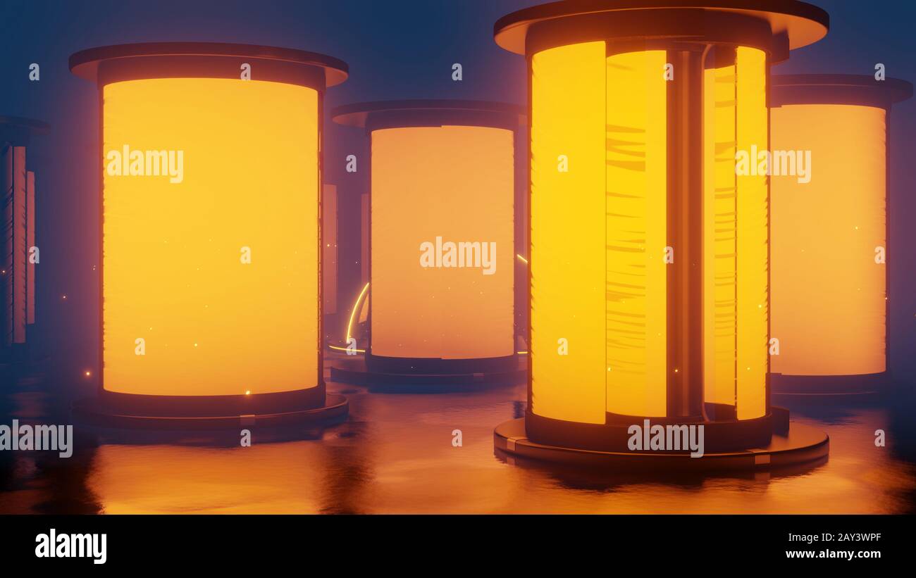 futuristic sci fi pillars with glass dome in the centre 3d rendering ...