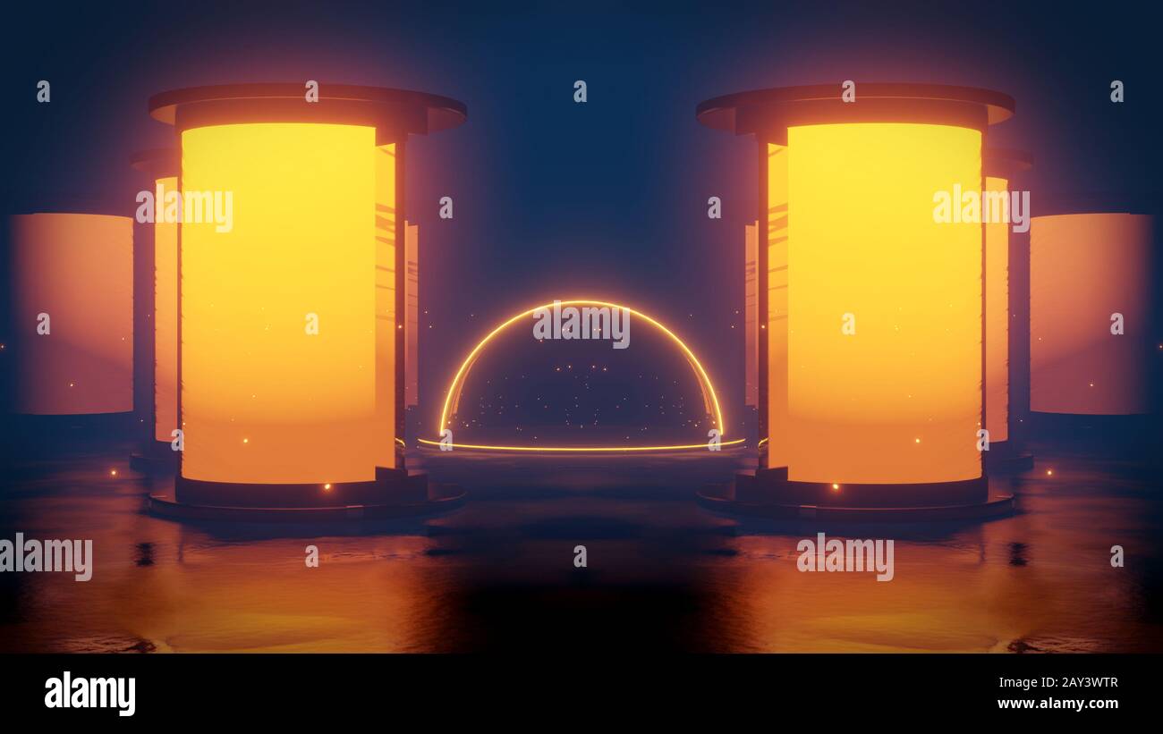 futuristic sci fi pillars with glass dome in the centre 3d rendering ...