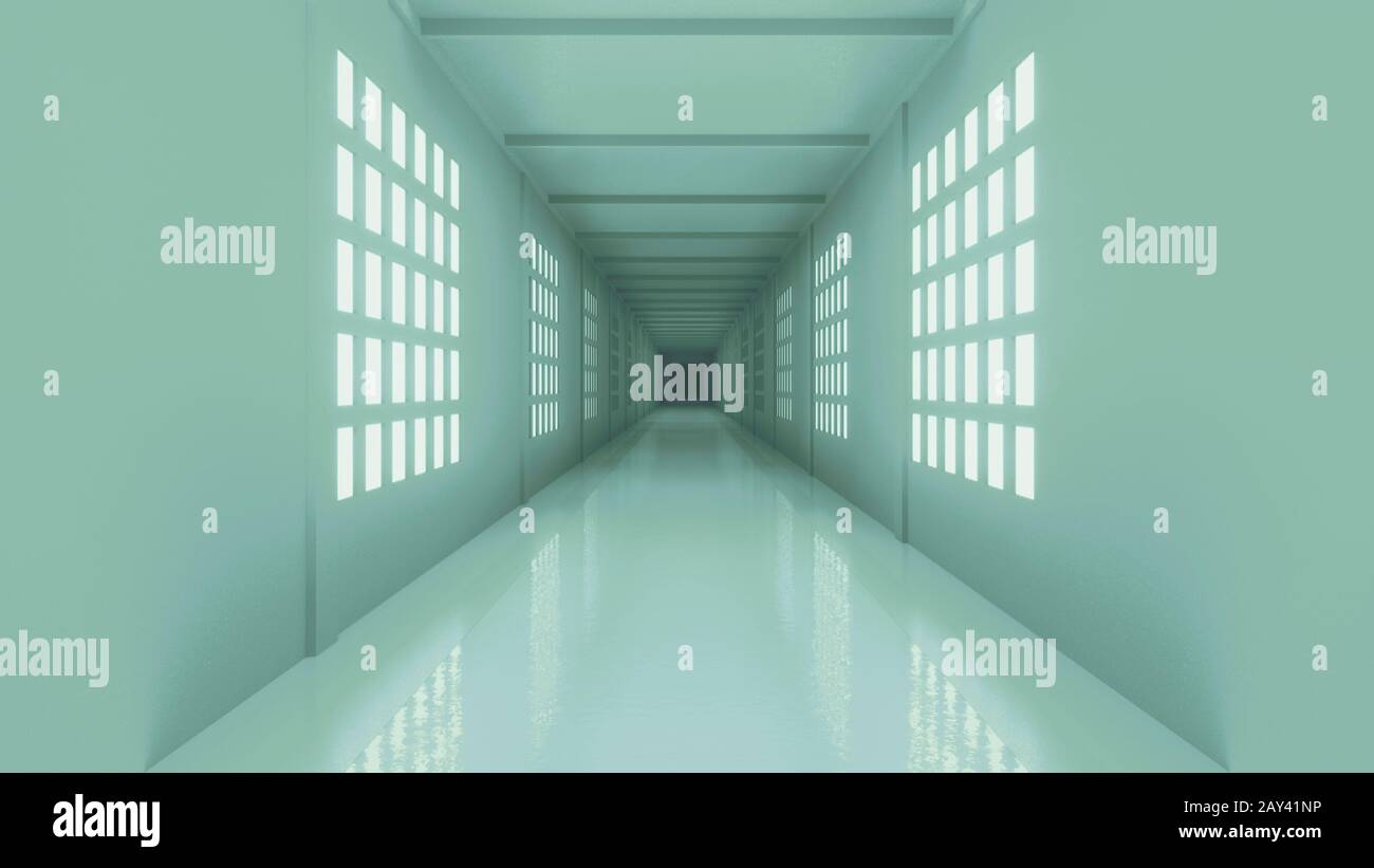 mint green endless corridor hallway 3d rendering illustration Stock ...