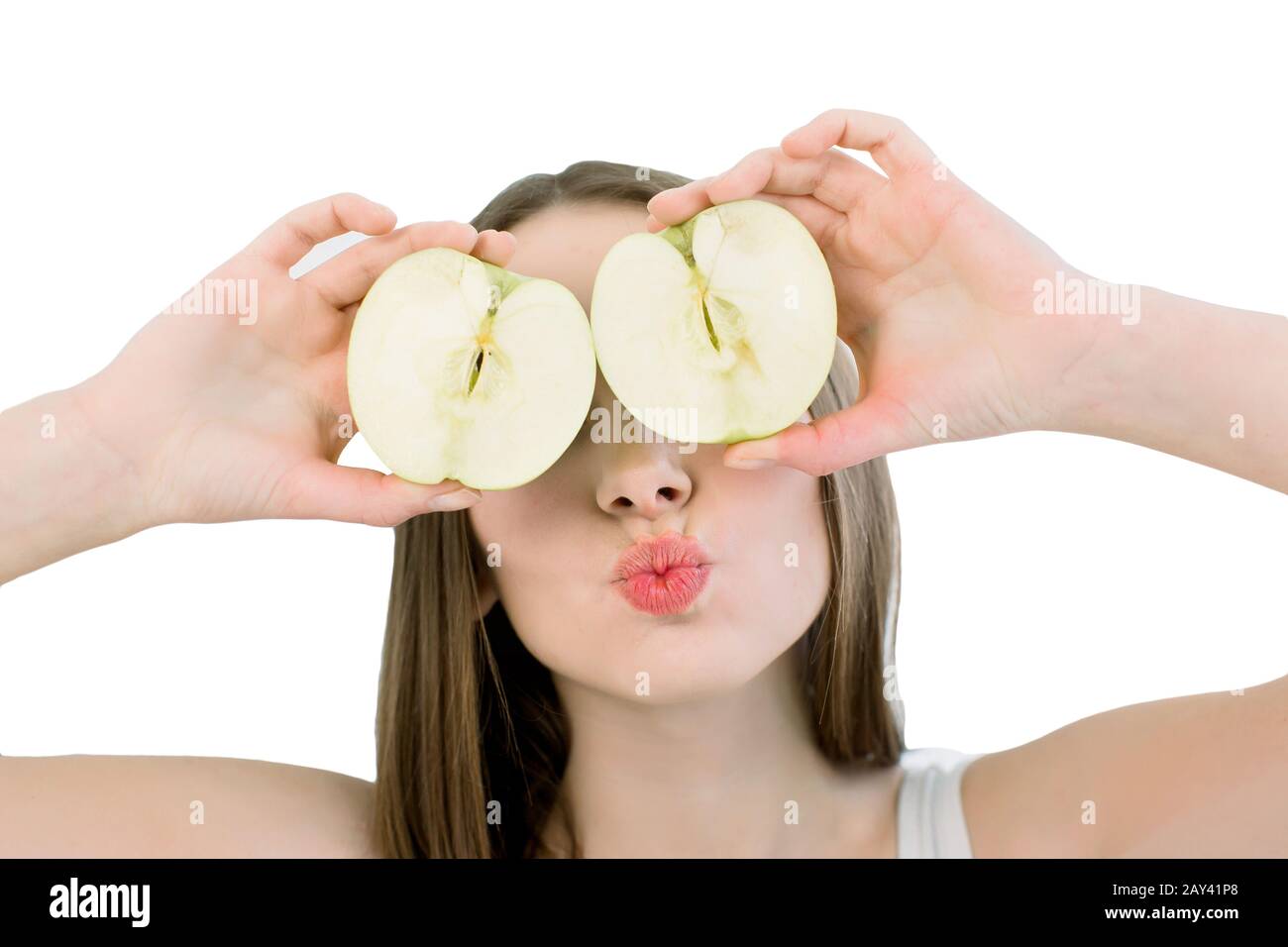 Beauty smiling woman with halfs of apple with healthy skin on face ...