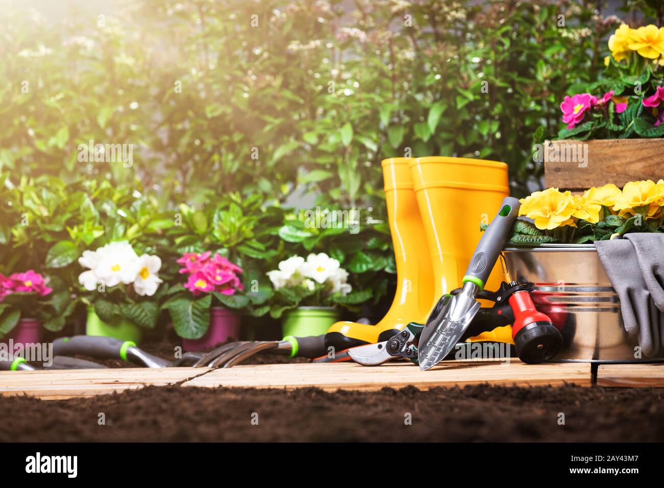 Gardening Tools Set And Flowers In Sunny Garden Stock Photo - Alamy