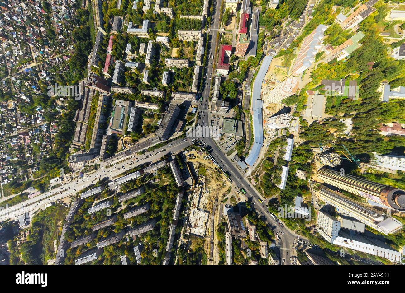 Aerial view of downtown. Crossroads, houses, buildings and parks Stock ...