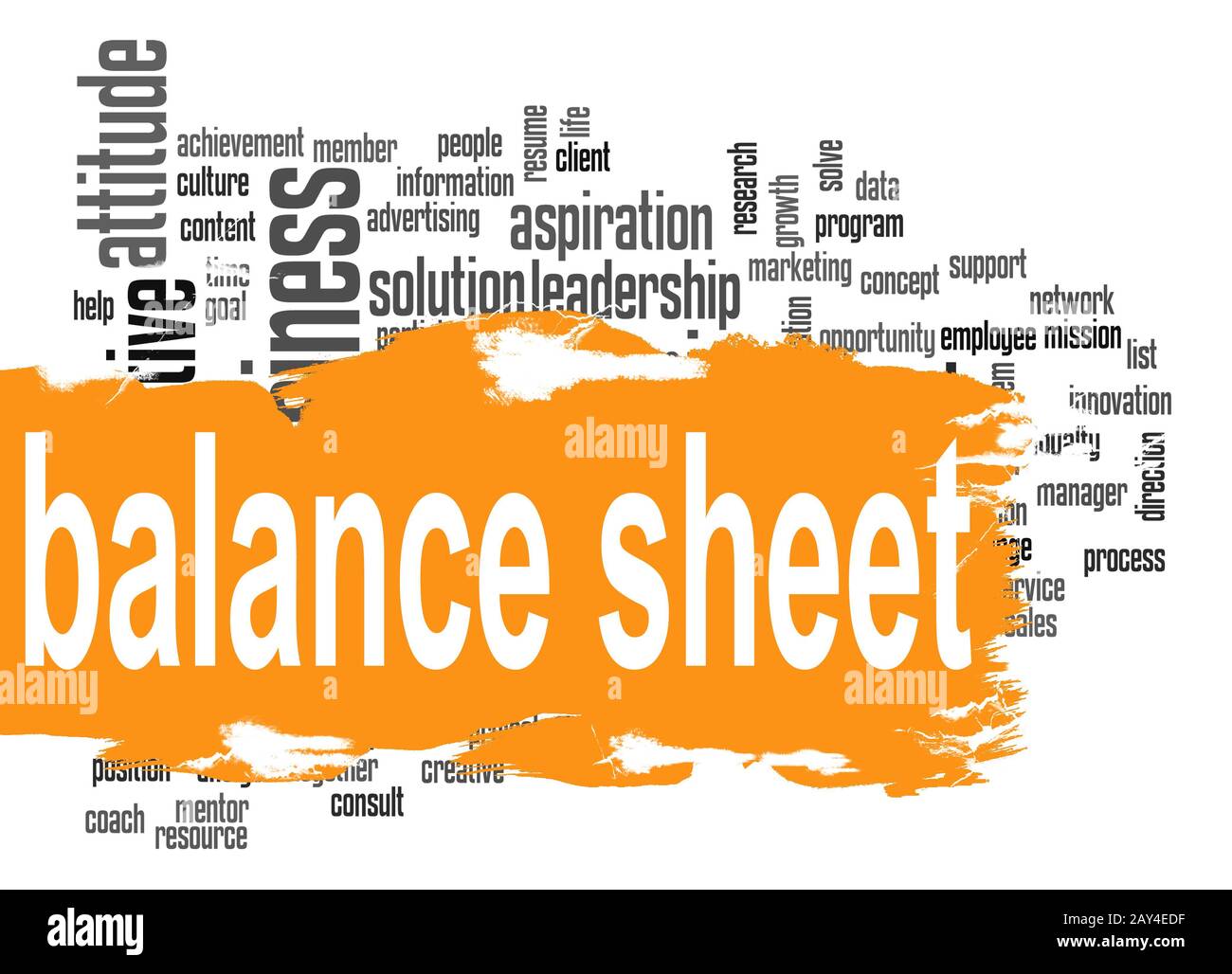 Balance sheet word cloud with orange banner Stock Photo - Alamy