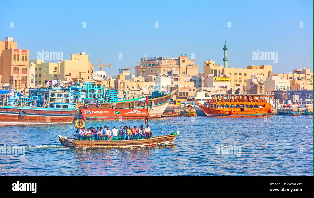 Dubai, UAE - January 29, 2020: Deira district and traditional Abra boat ...