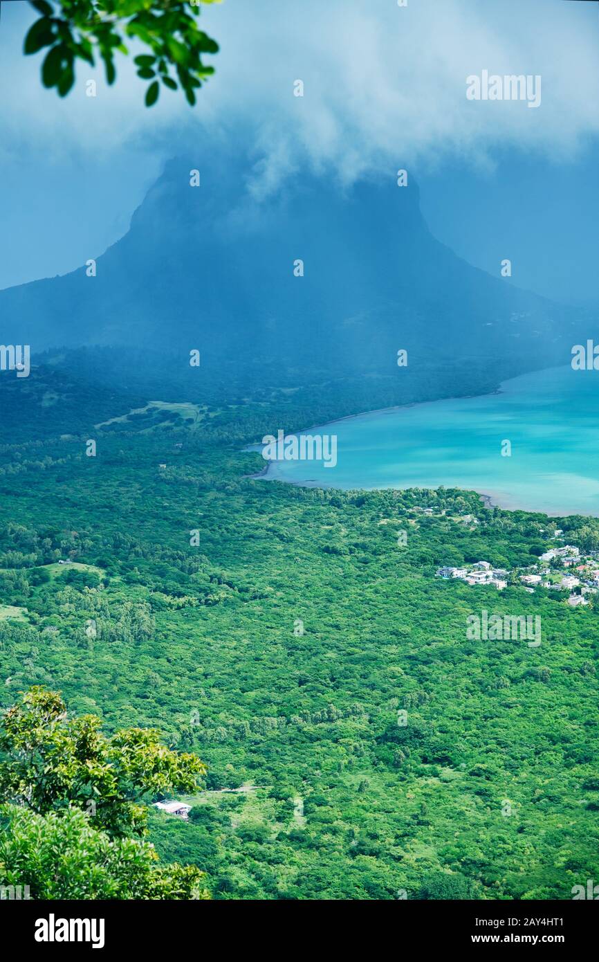 Le Morne mountain, under the clouds aerial view from Mauritius hill ...