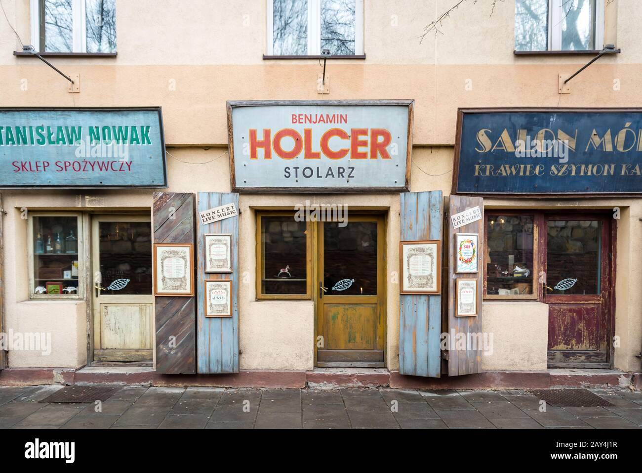 Old style shops on Szeroka Street, Jewish Quarter, Krakow, Poland Stock ...