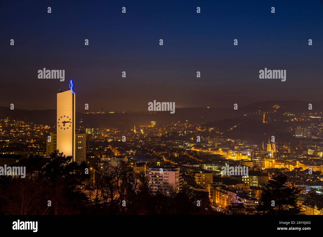 Germany, Skyline of stuttgart city downtown houses and churches from ...