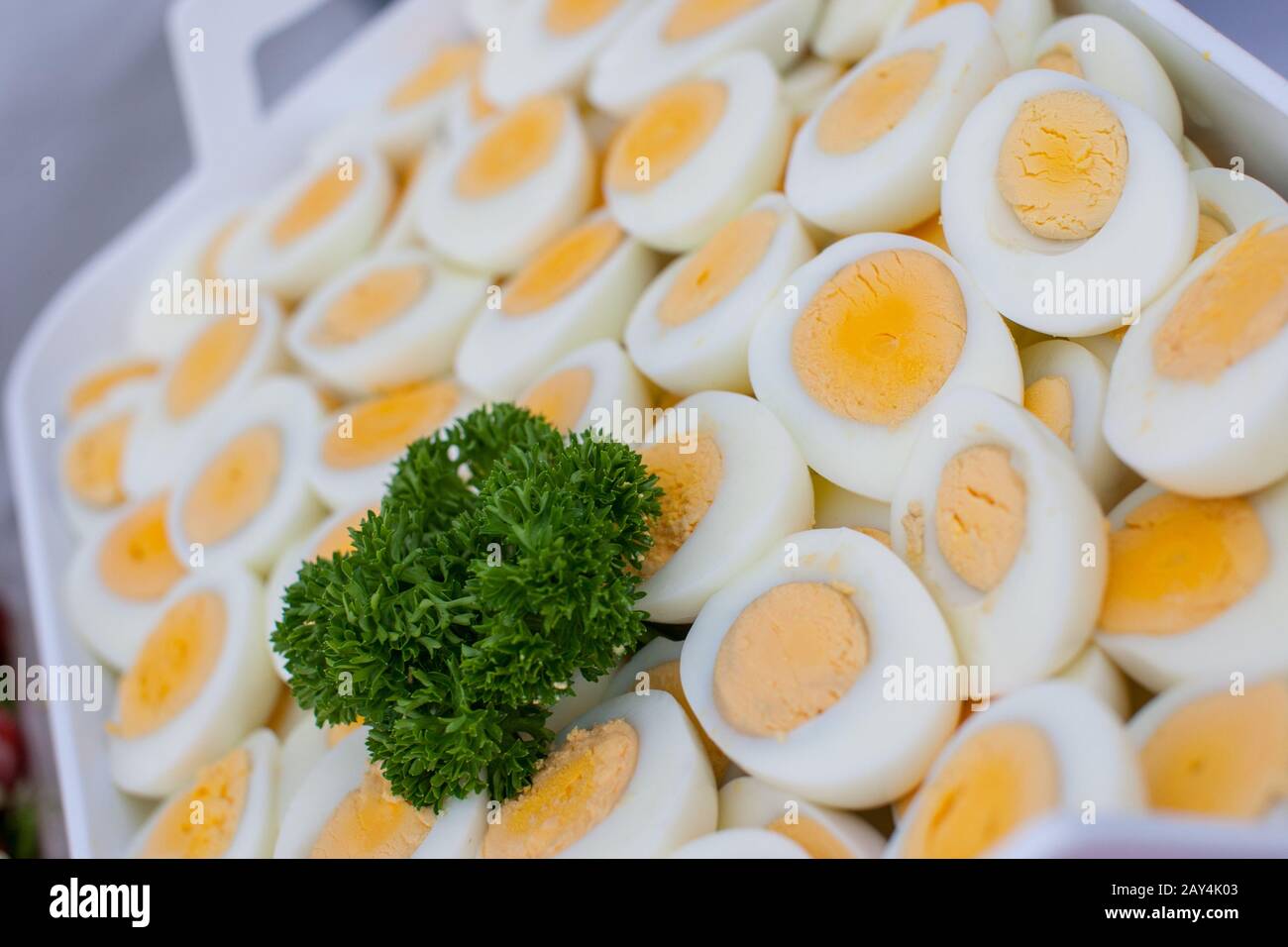 A whole bunch of sliced hard boiled eggs decorated with parsley on a buffet on a festive setting ...