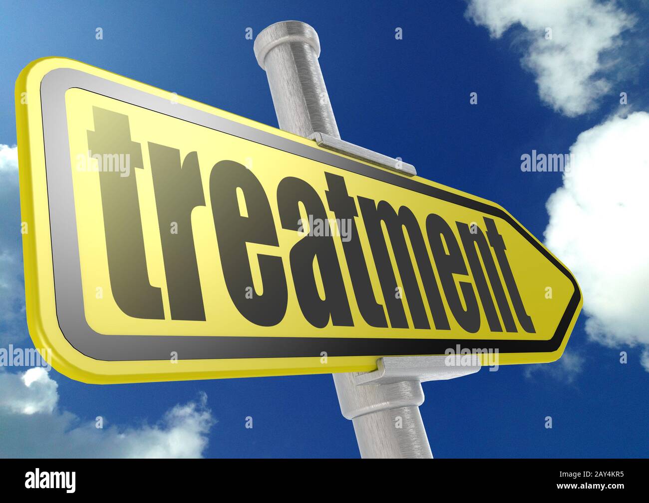 Yellow road sign with treatment word under blue sky Stock Photo - Alamy