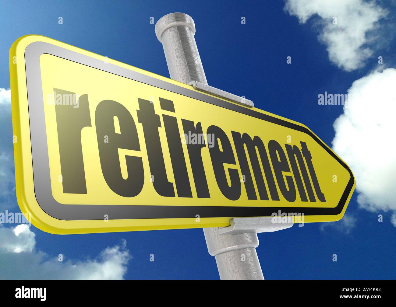 Yellow road sign with retirement word under blue sky Stock Photo - Alamy