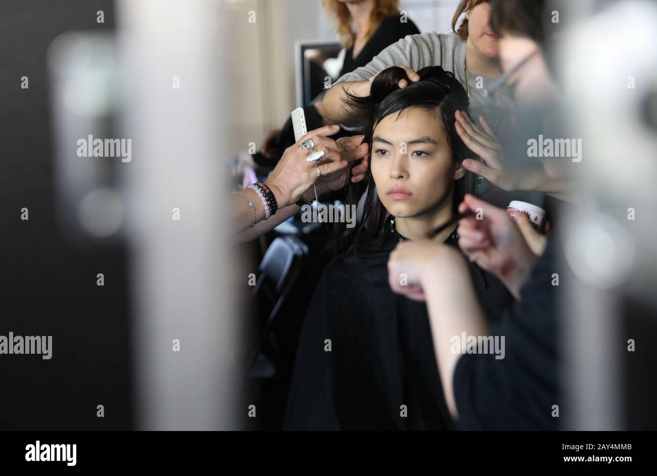 Models being prepared for the 16Arlington show at London Fashion Week ...
