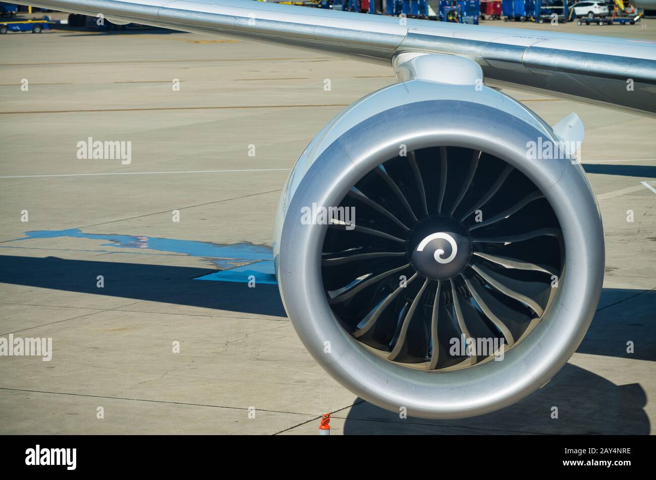 Aircraft engine. Airplane on a runway Stock Photo - Alamy