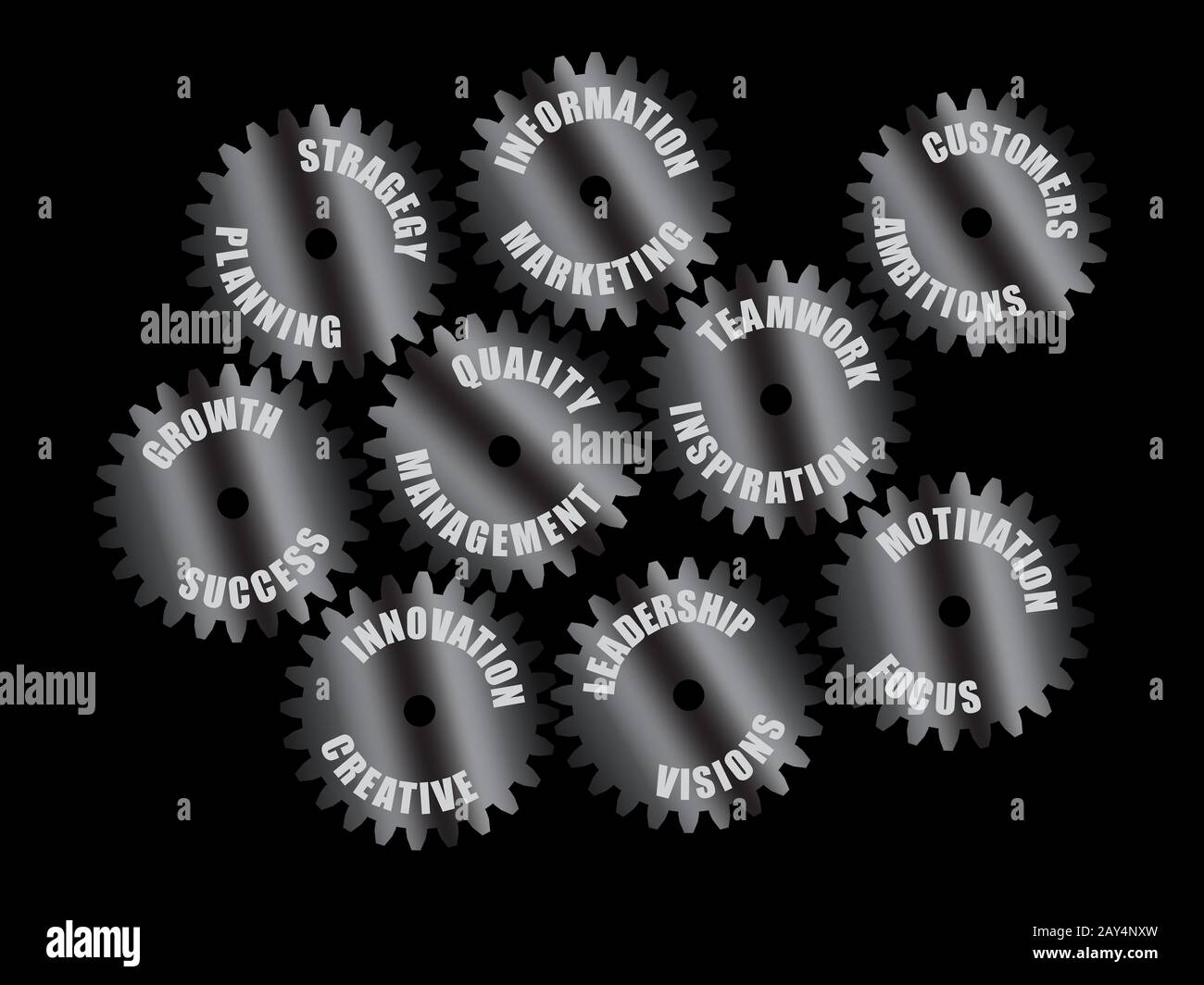 Business words written on shiny metal gears with black background ...