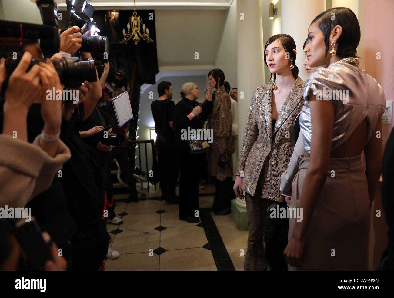 Models being prepared for the 16Arlington show at London Fashion Week ...