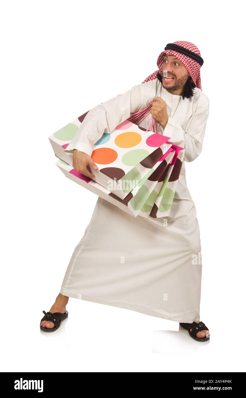 Arab man with shopping bags on white Stock Photo - Alamy