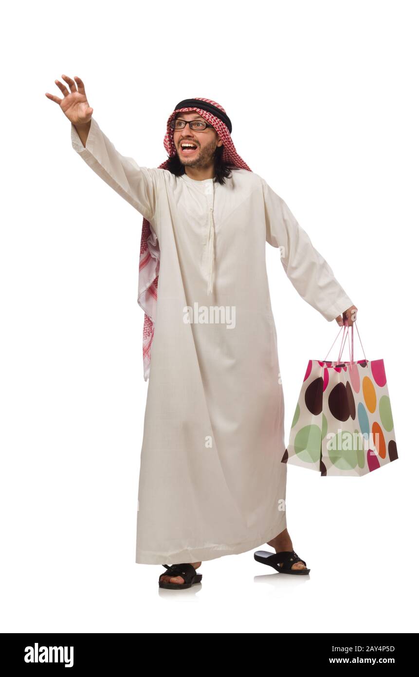 Arab man with shopping bags on white Stock Photo - Alamy