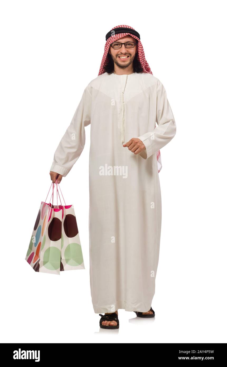 Arab man with shopping bags on white Stock Photo - Alamy