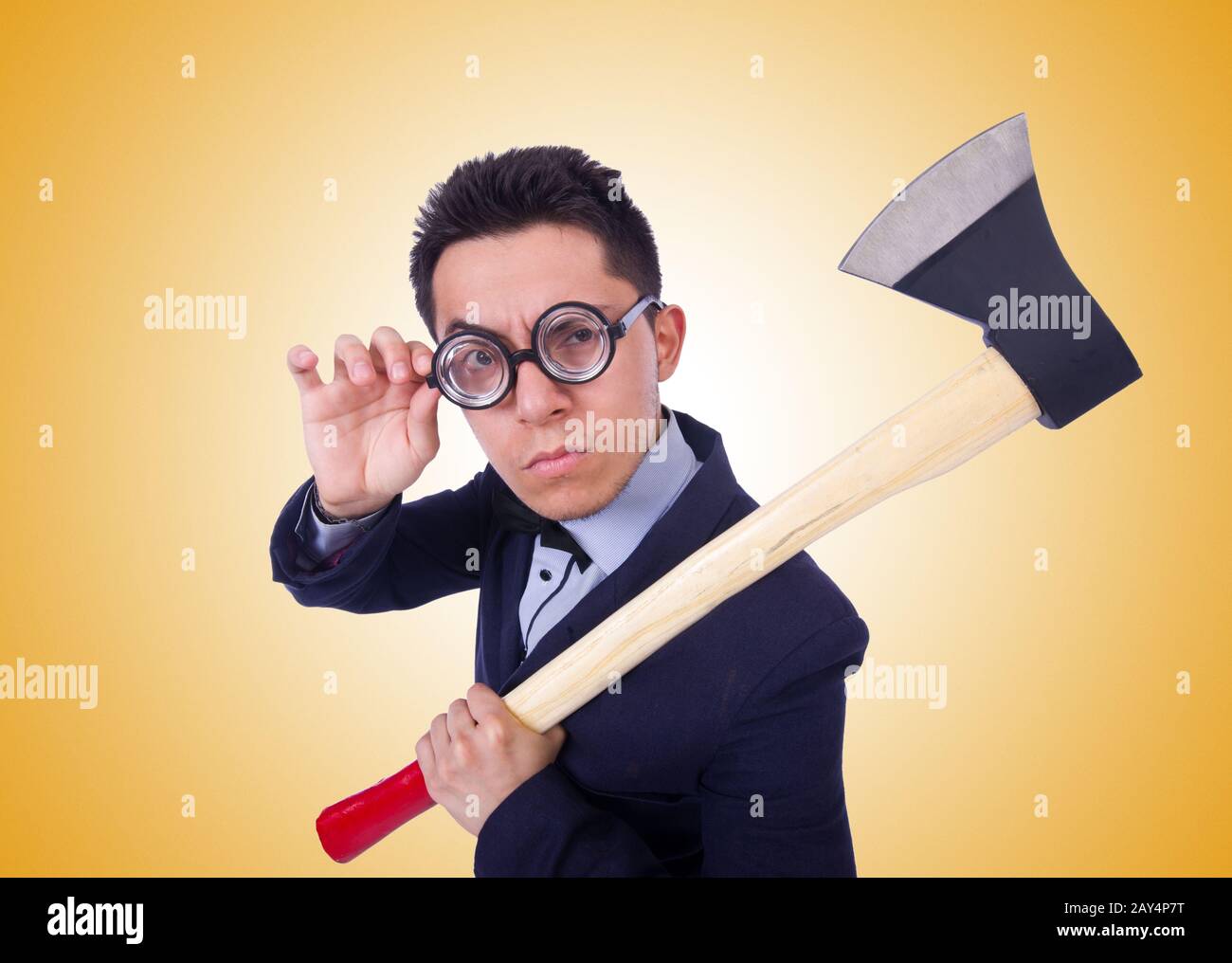 Funny man with axe on white Stock Photo - Alamy