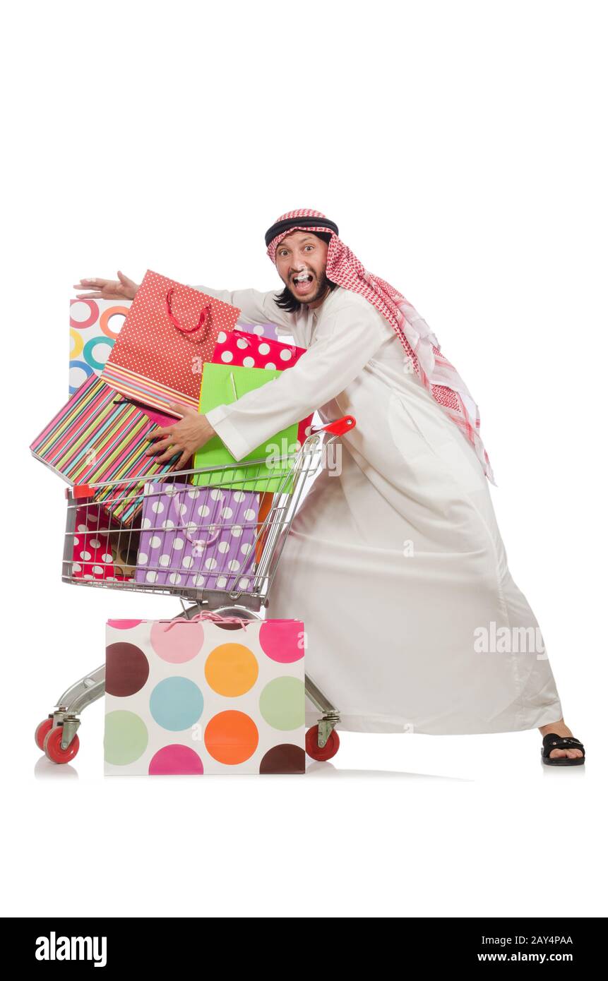 Arab man doing shopping isolated on white Stock Photo - Alamy