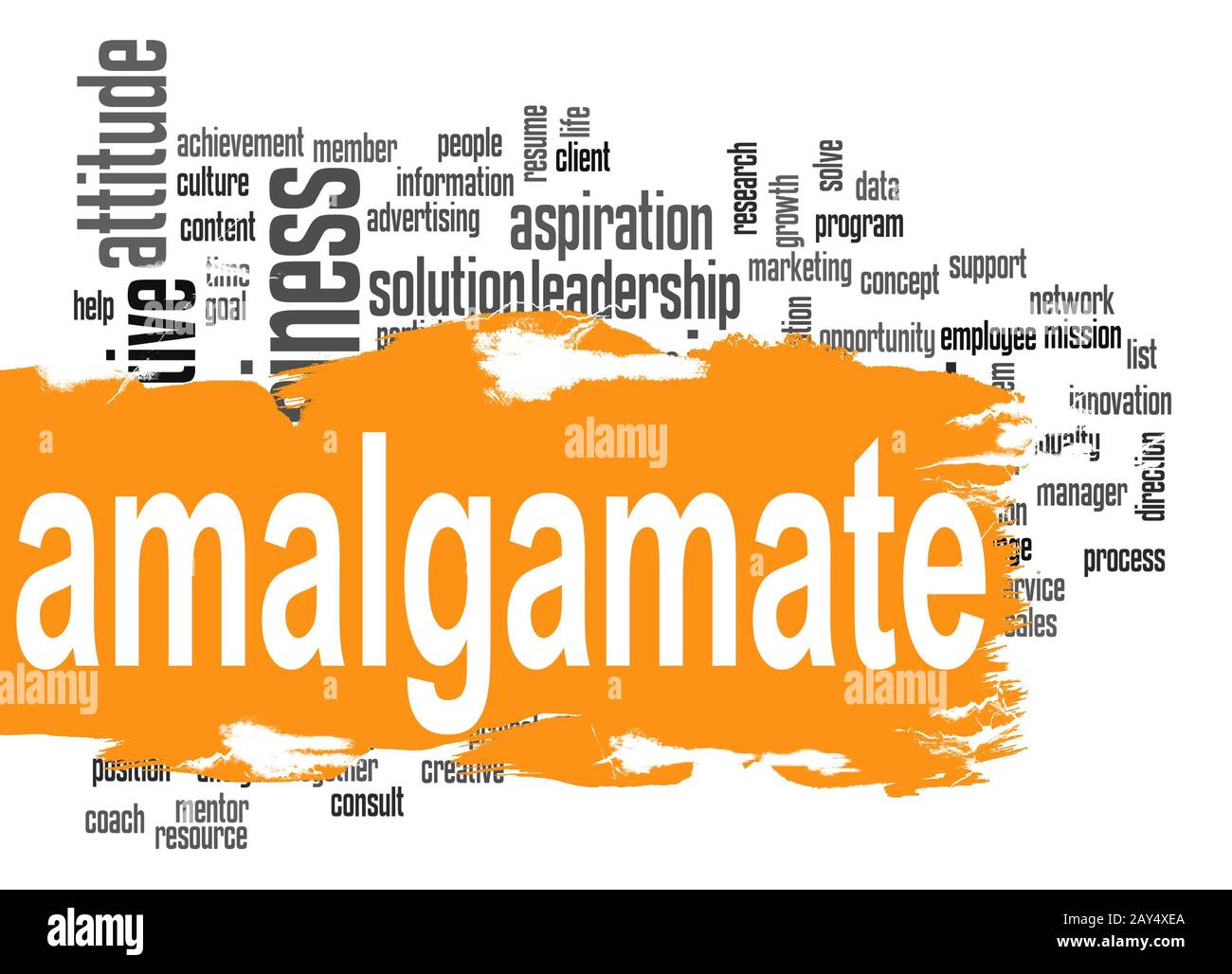 Amalgamate word cloud with orange banner Stock Photo - Alamy
