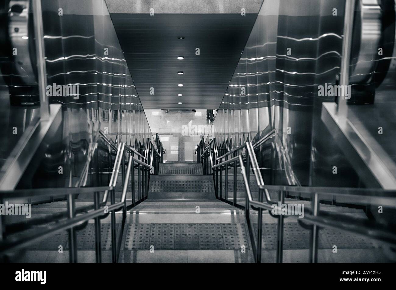 Stairway in metallic metro hall Stock Photo - Alamy