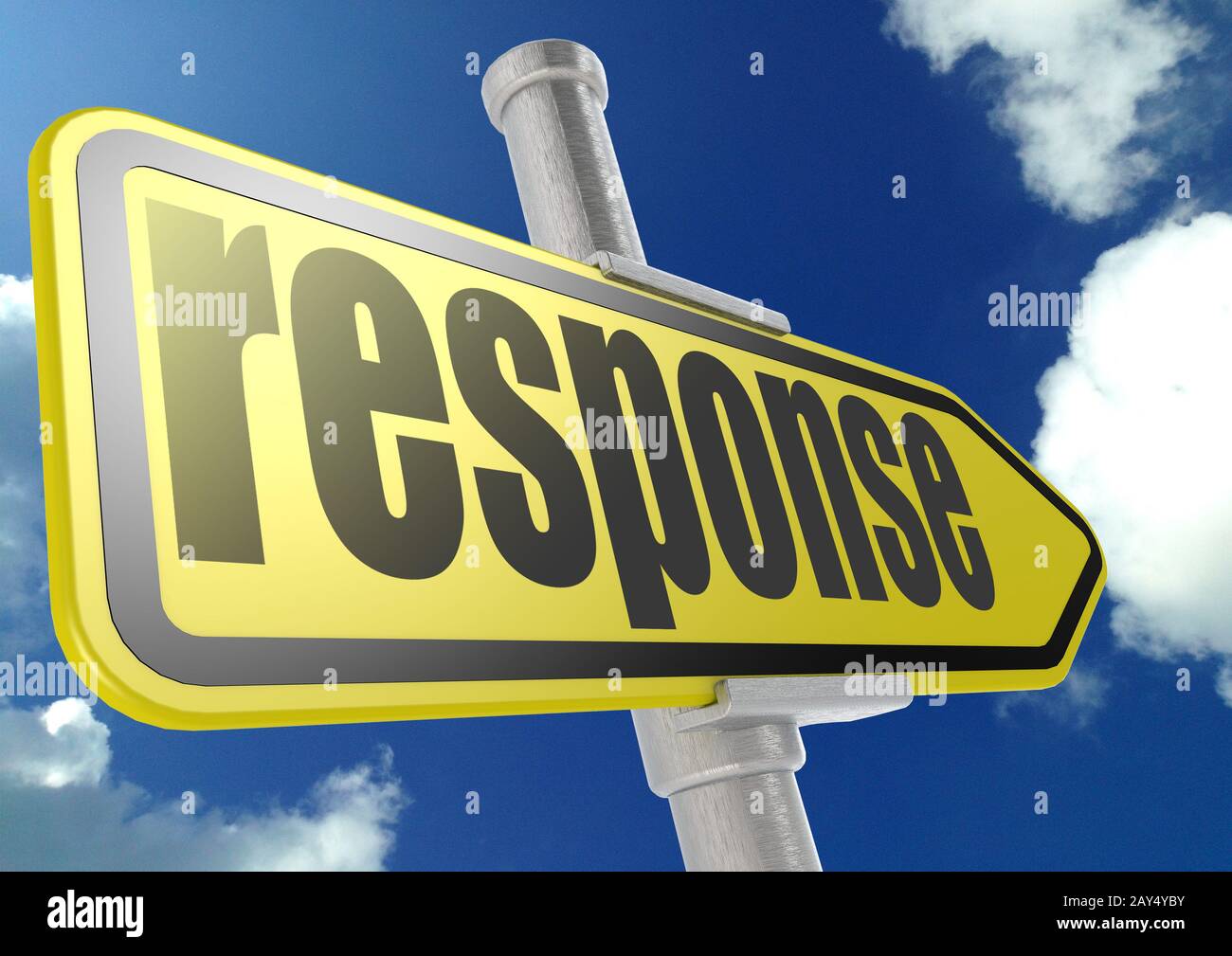 Yellow road sign with response word under blue sky Stock Photo - Alamy