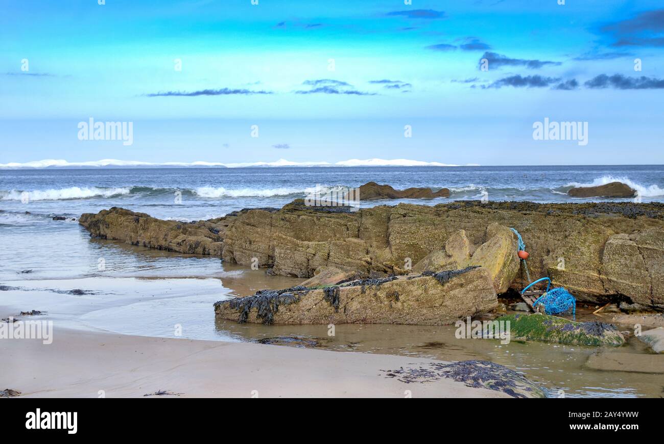 LOSSIEMOUTH MORAY FIRTH SCOTLAND A WINTER WEST BEACH AND A BLUE LOBSTER ...