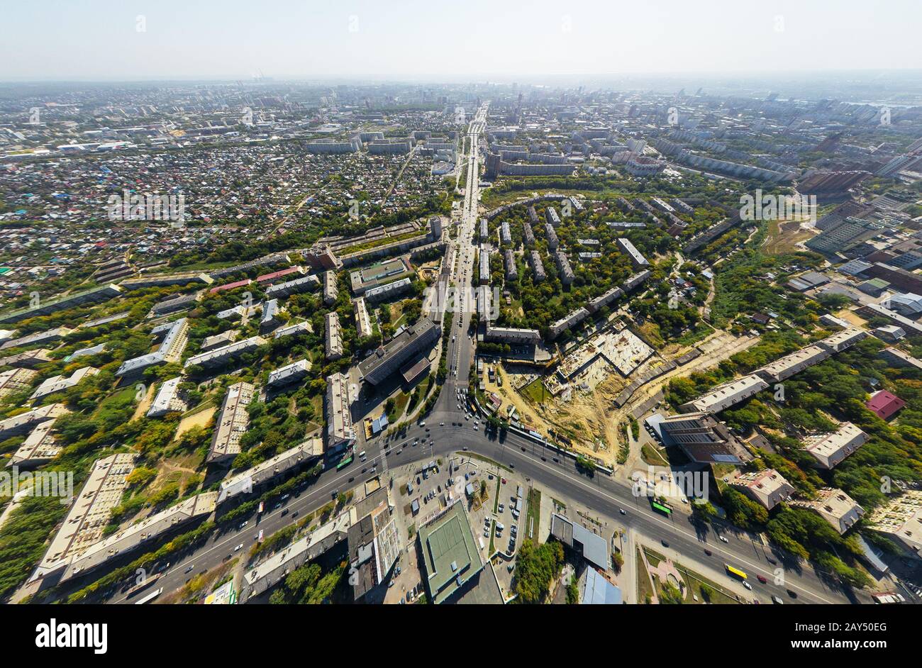 Aerial view of downtown. Crossroads, houses, buildings and parks Stock ...
