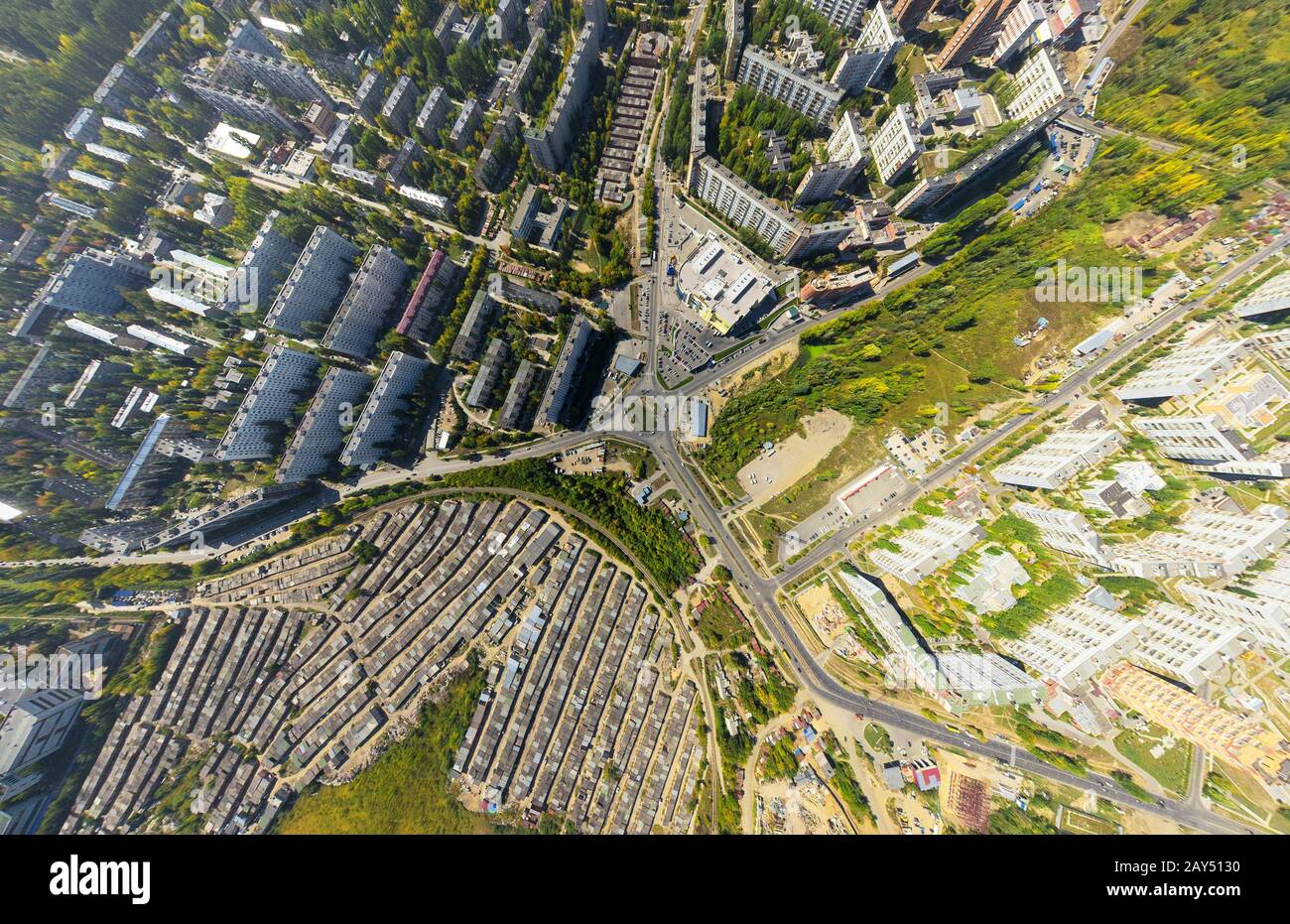 Aerial view of downtown. Crossroads, houses, buildings and parks Stock ...