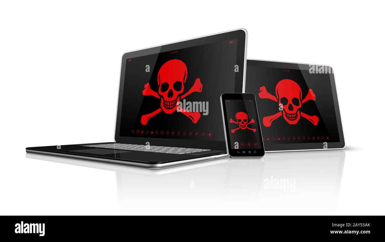 Laptop tablet pc and smartphone with pirate symbols on screen. Hacking ...