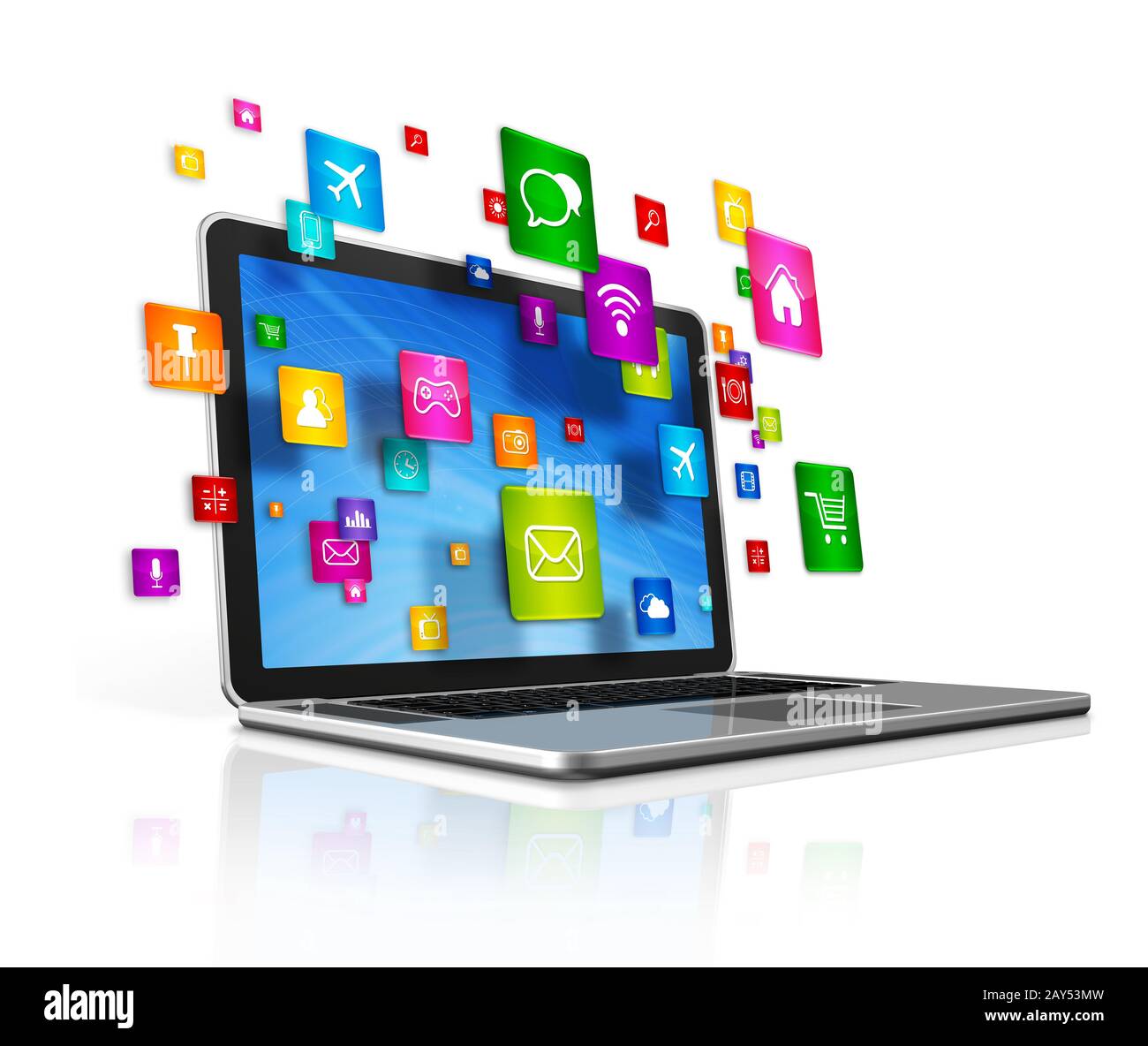 Laptop Computer and flying apps icons on a white background Stock Photo ...