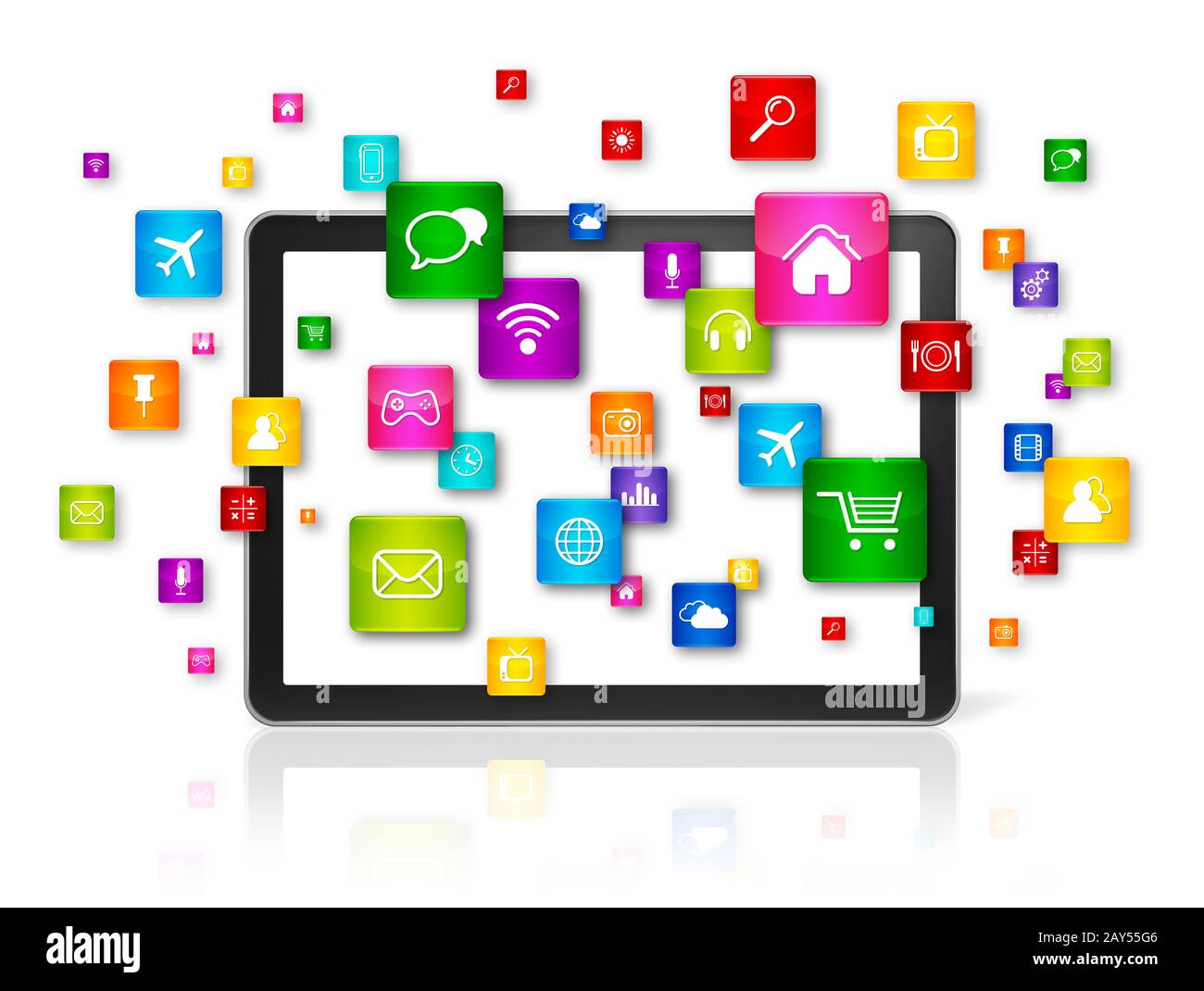 Tablet PC and flying apps icons Stock Photo - Alamy