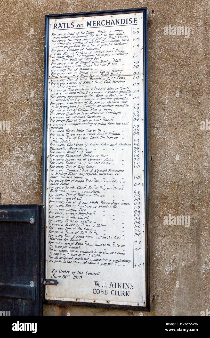 An historic board showing Port Dues in 1879 for Lyme Regis harbour on ...