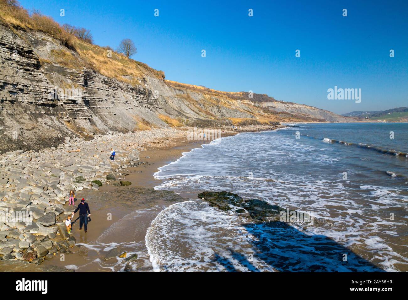 Assorted fossil hunters on the beach below the unstable Black Venn ...