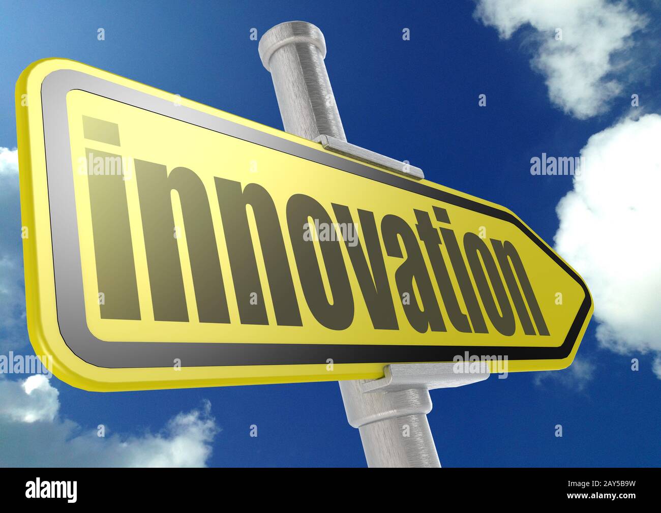 Yellow road sign with innovation word under blue sky Stock Photo - Alamy