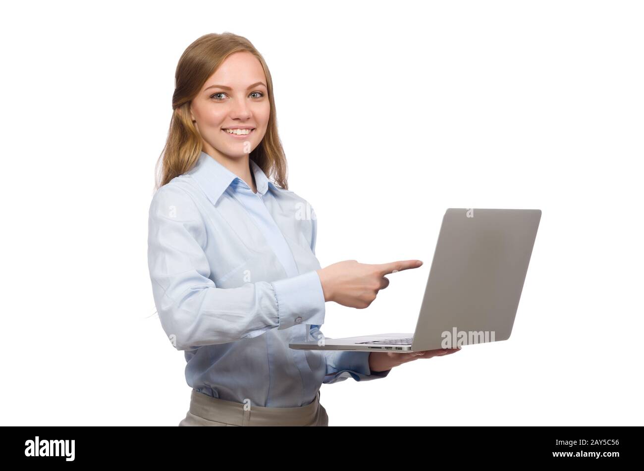 Office employee holding laptop isolated on white Stock Photo - Alamy